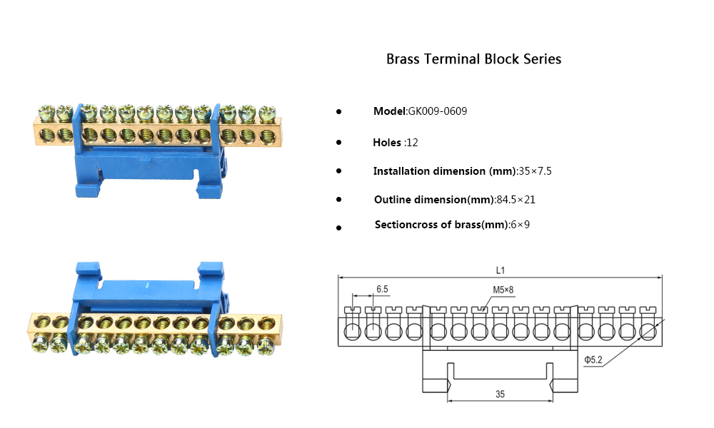 Blue Screw Brass Connector Din Rail Terminal Block Earth and Neutral ...