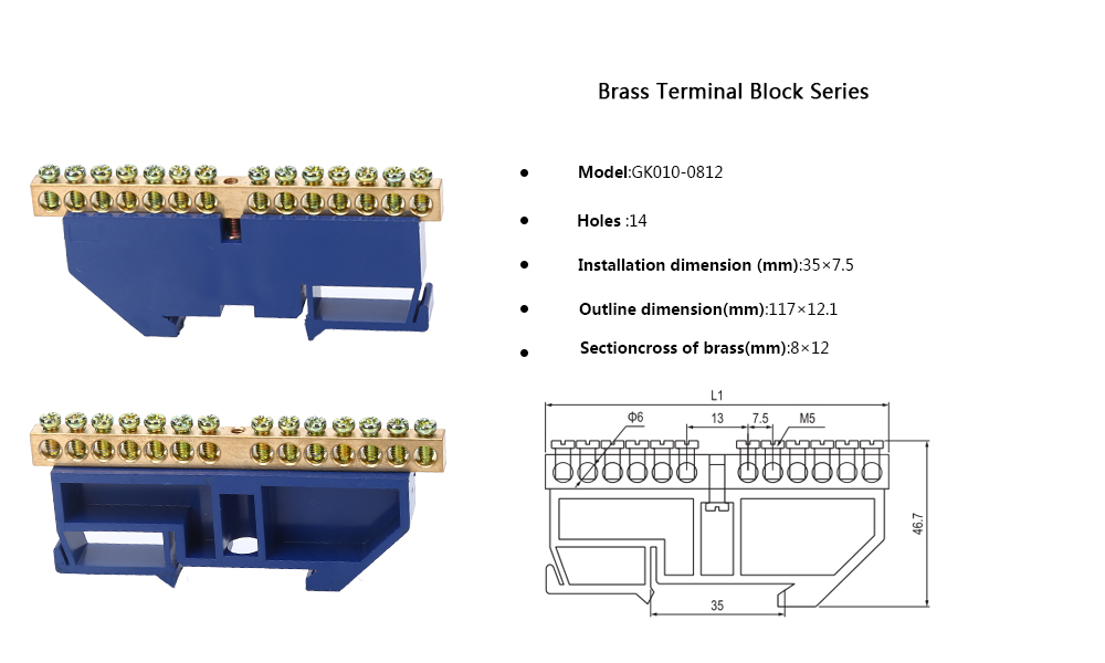 Blue Screw Brass Connector Din Rail Copper Terminal Block Earth and Neutral Blocks 14P ...